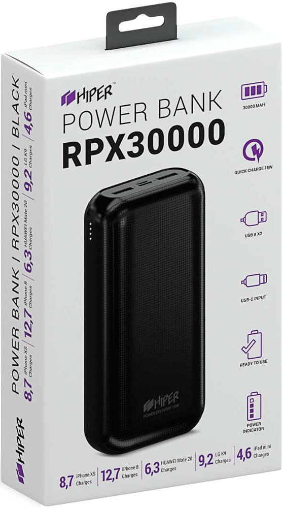 Внешний аккумулятор HIPER RPX30000 30000mAh c функцией QC Black: купить ...